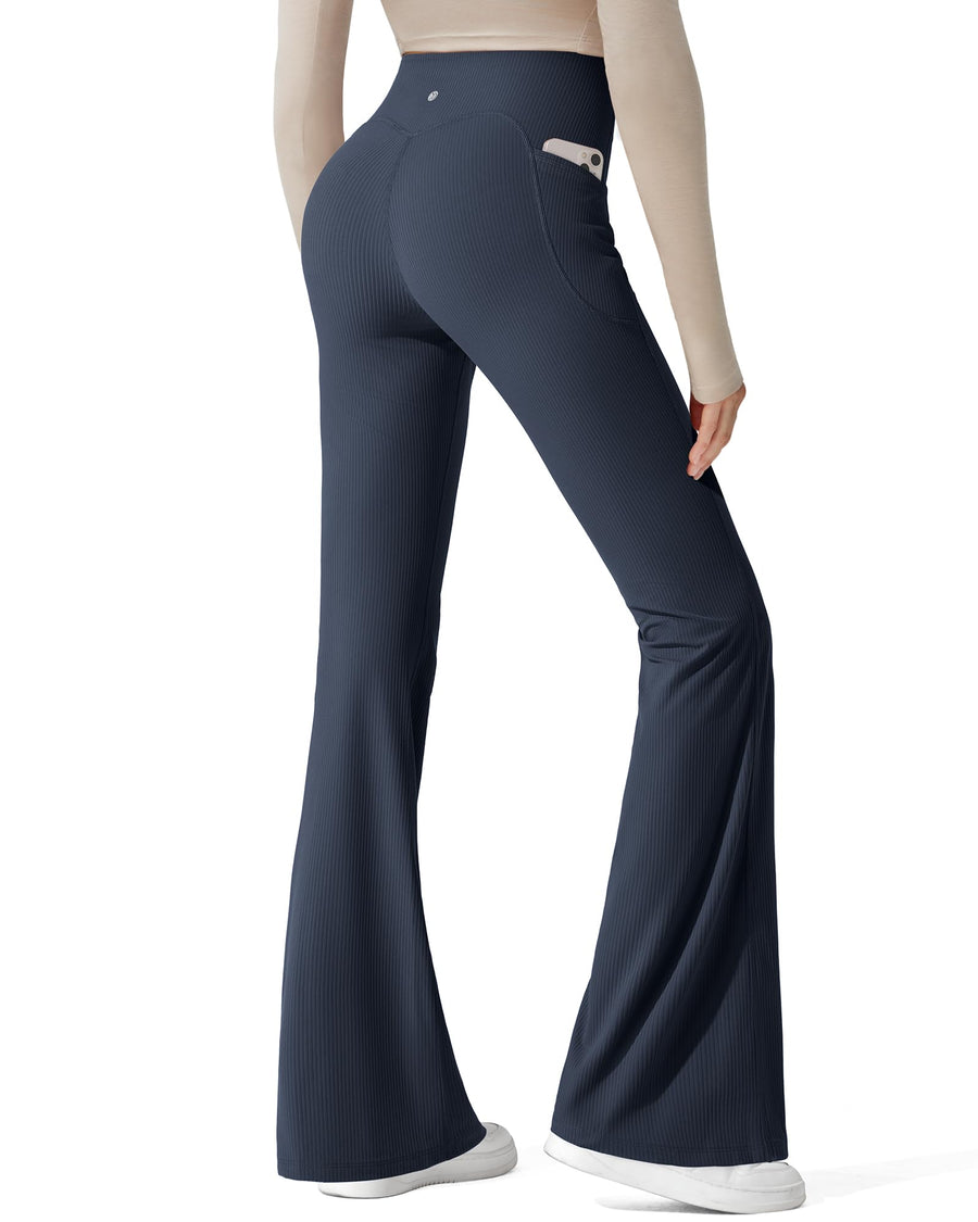 G4Free Ribbed Flare Yoga Pants with Pockets for Women High Waisted Boo